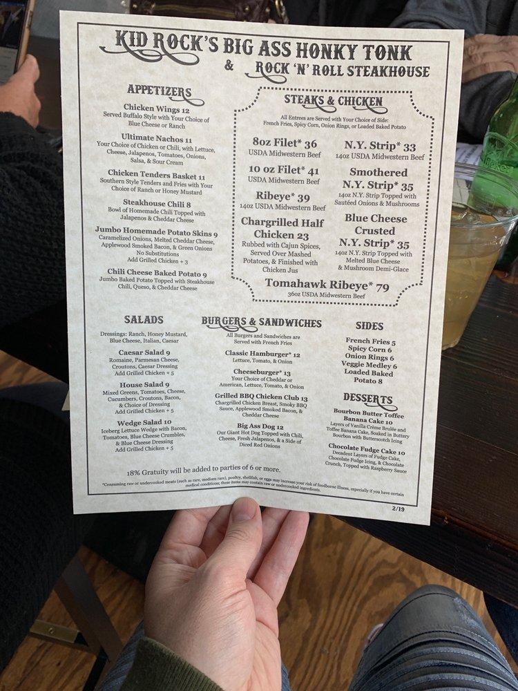 Menu at Kid Rock's Big Ass Honky Tonk Rock N' Roll Steakhouse, Nashville