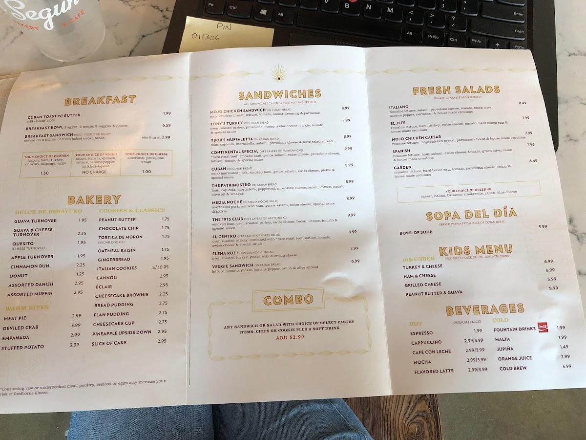 Menu at La Segunda Kennedy cafe, Tampa