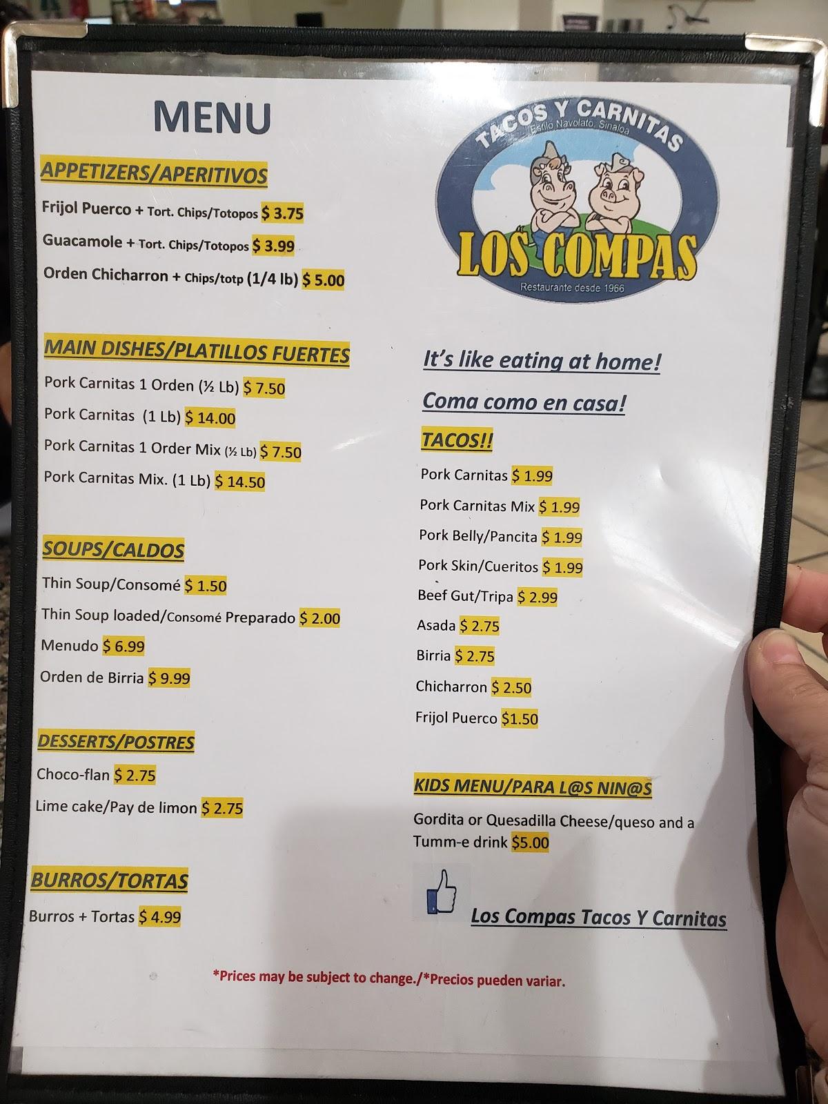 Menu at Los Compas Tacos y Carnitas restaurant, Tucson