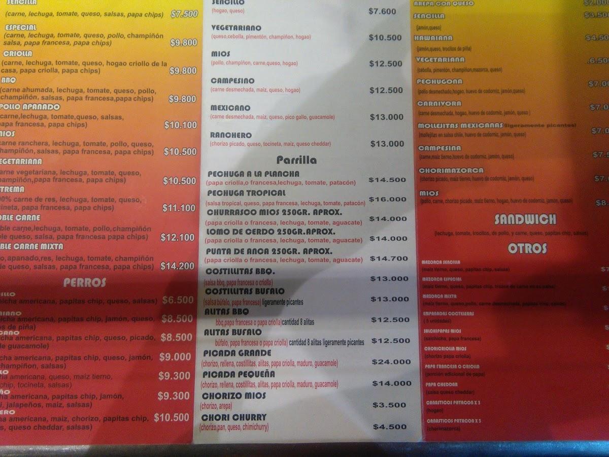 Menu at Mios Pizza restaurant, Bogotá