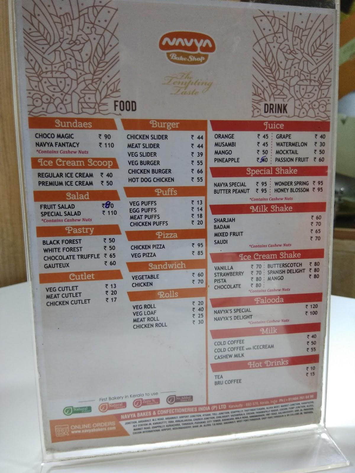 Menu at Navya Bakery Shop Kodakara, Kodakara