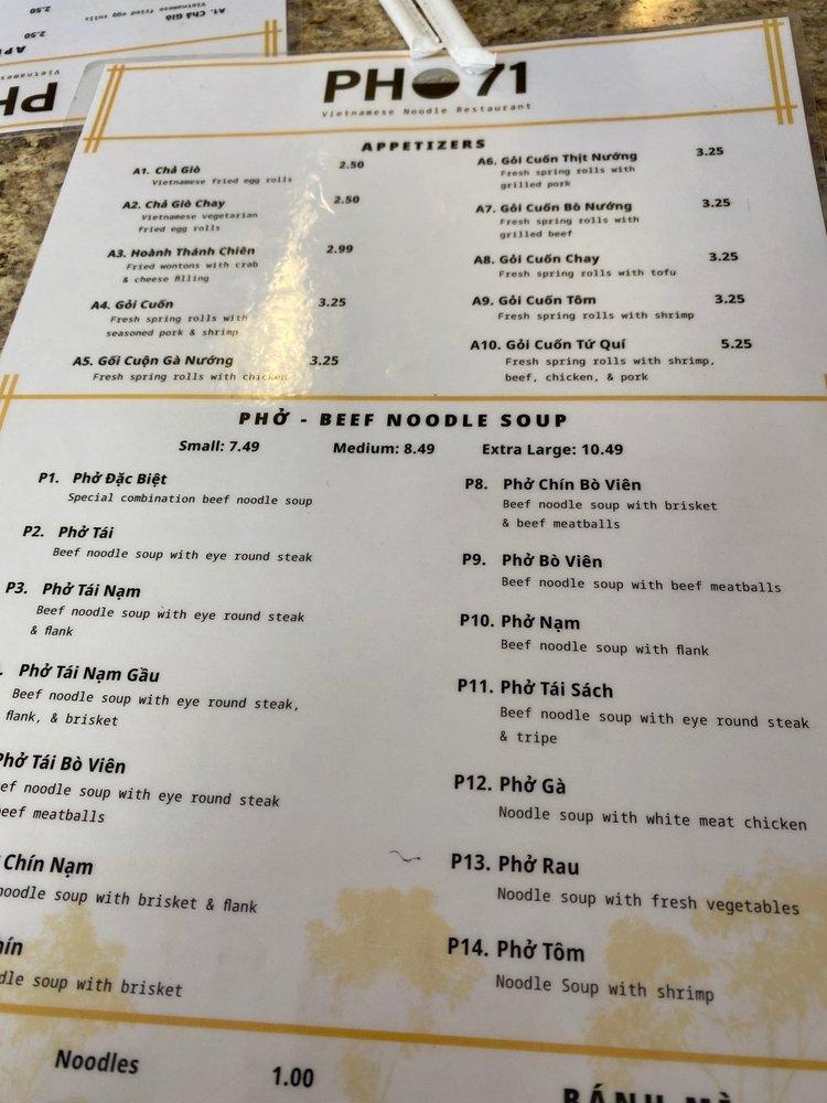 Menu at Pho 71 restaurant, Broken Arrow