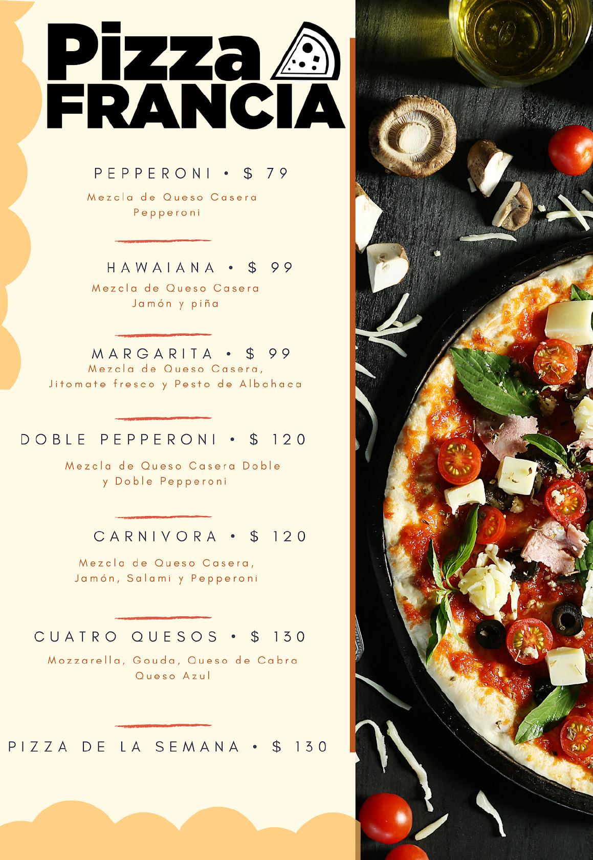 Menu at Pizza Francia pizzeria, Santiago de Querétaro