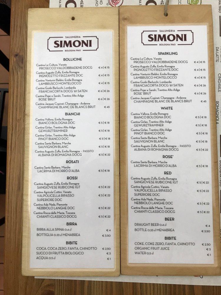 Menu at Salumeria Simoni Laboratorio restaurant, Bologna