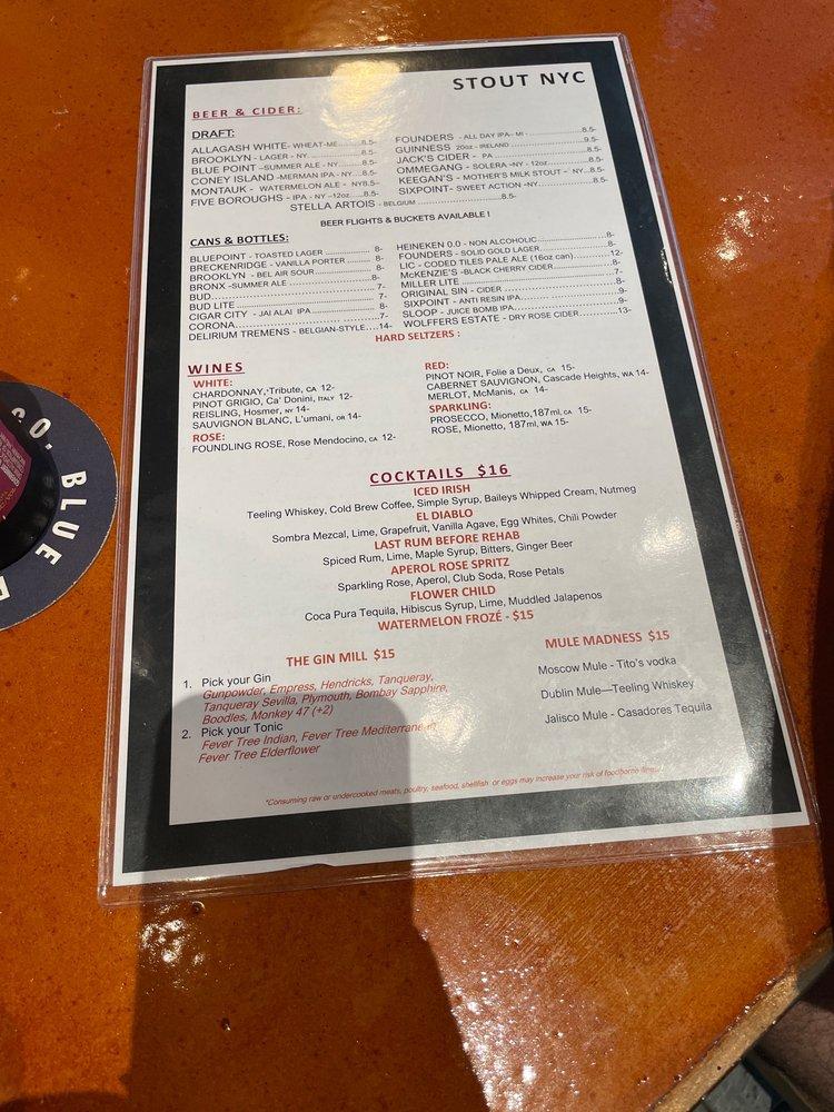 Menu at Stout NYC pub & bar, West New York, 109 W 39th St