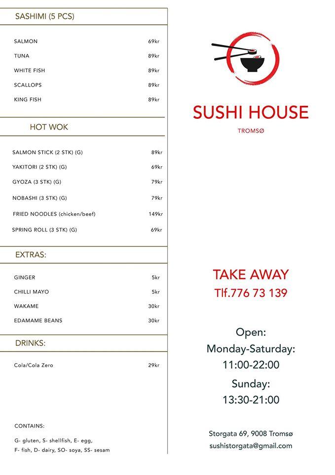 Menu at Sushi House restaurant, Tromsø
