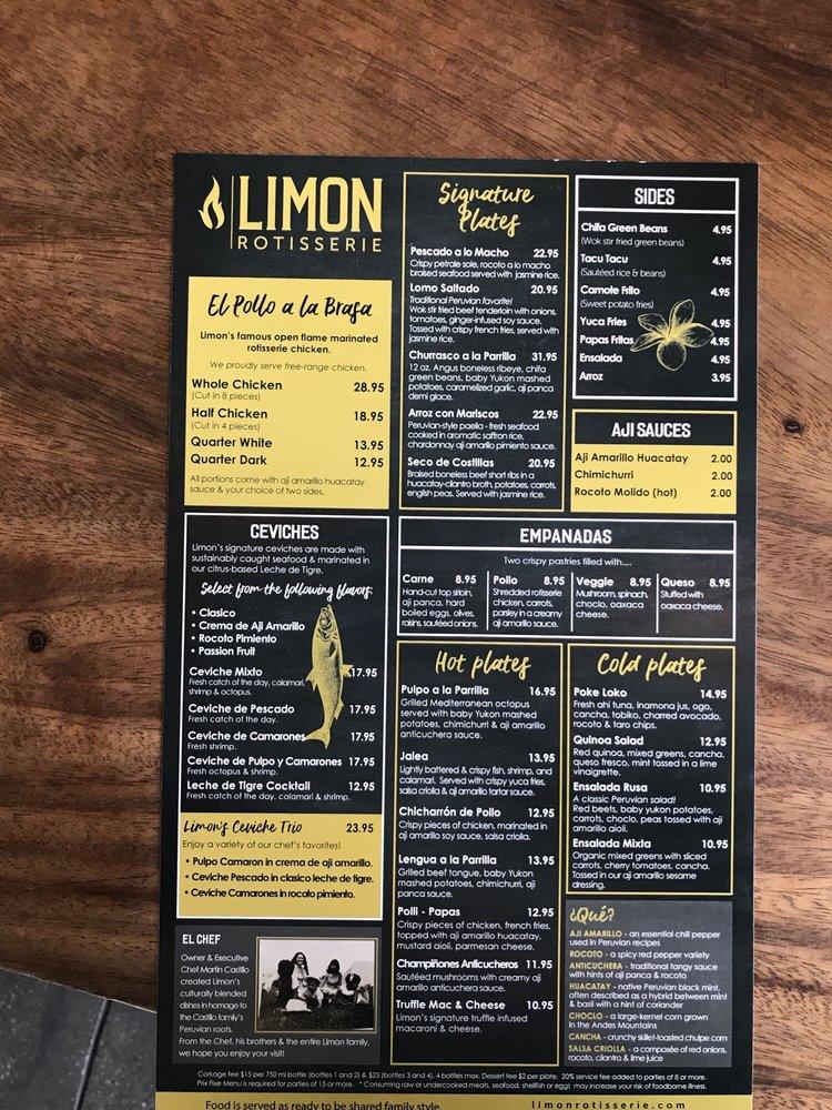 Menu at Limón restaurant, Burlingame