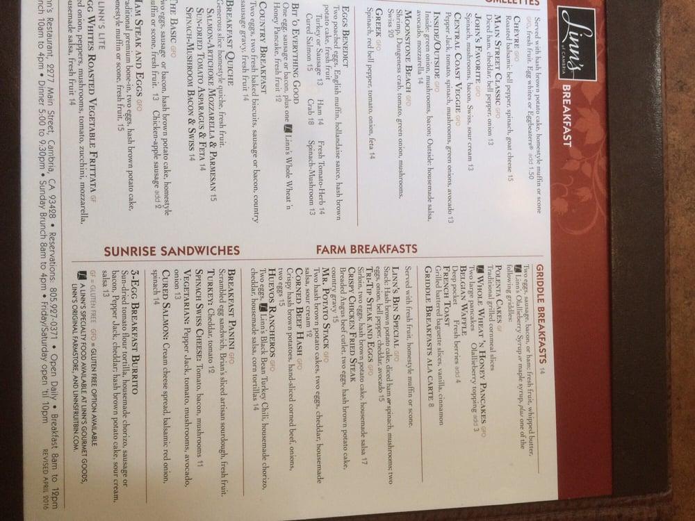 Menu at Linn's Restaurant, Cambria