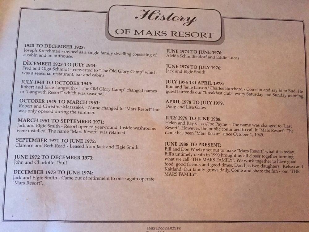 Menu at Mars Resort pub & bar, Fontana-on-Geneva Lake