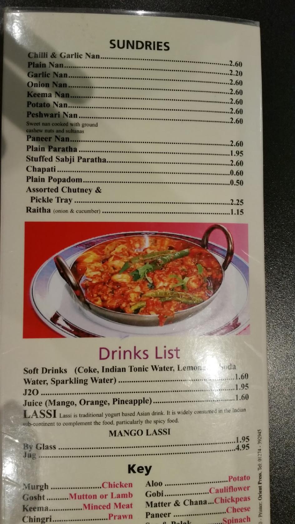 Menu at Moghul fast food, Ilkley, 111 Main St