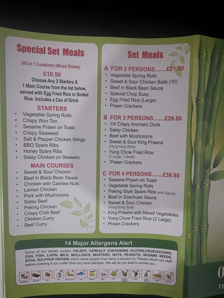 Menu at Oriental restaurant, Overton