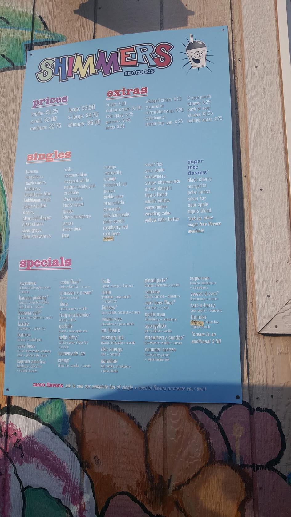 Menu at Shimmers Sno Cones desserts, Oklahoma City, N May Ave