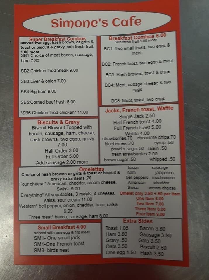 Menu at Simone's Cafe, Guthrie, S Division St