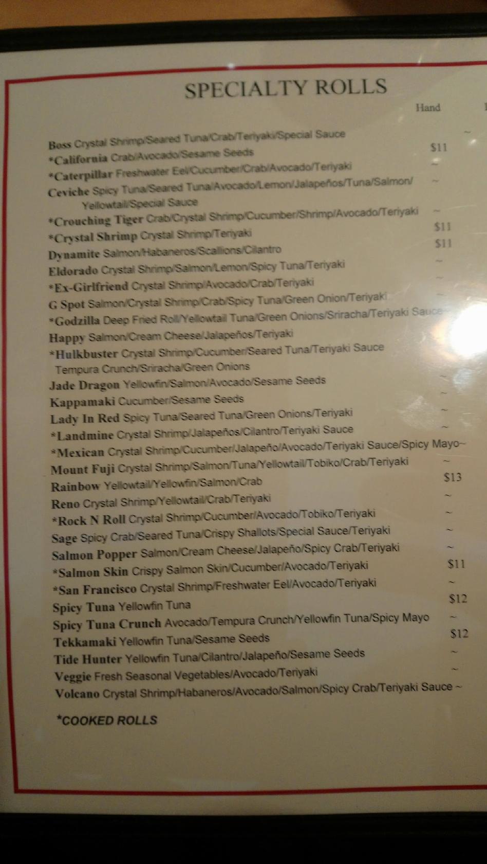 Menu at Sushi Sake restaurant, Reno, Inside Eldorado Resort Casino