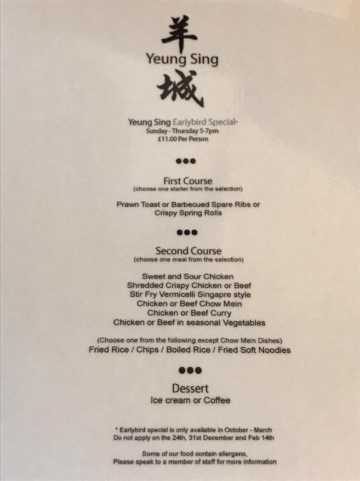 Menu at Yeung Sing Takeaway restaurant, Llandudno