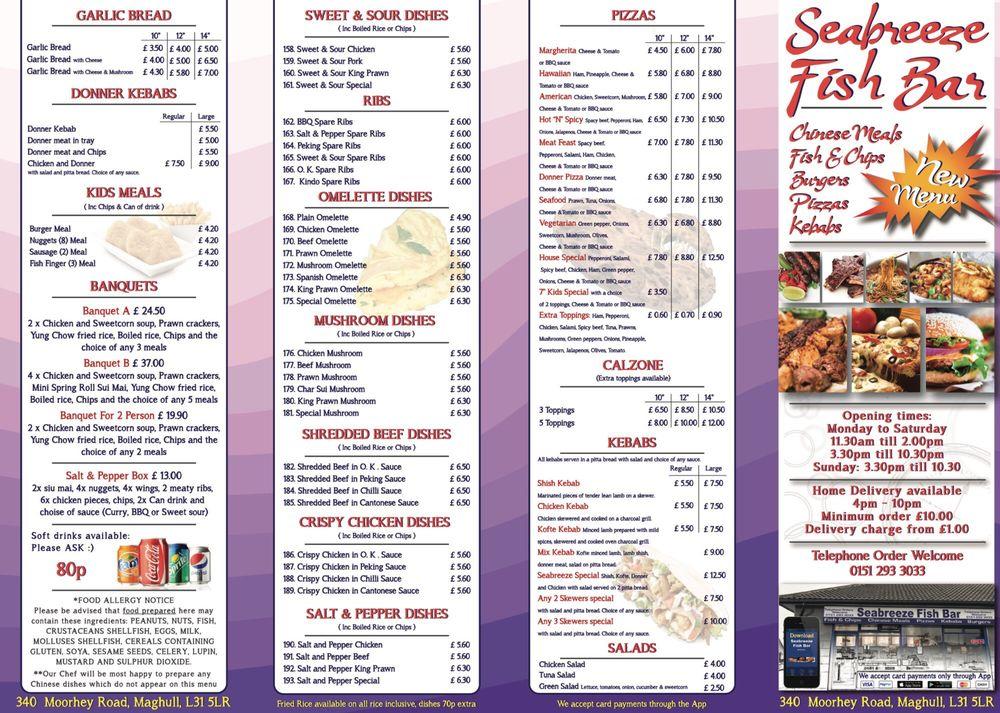 Menu at seabreeze fish bar, Liverpool