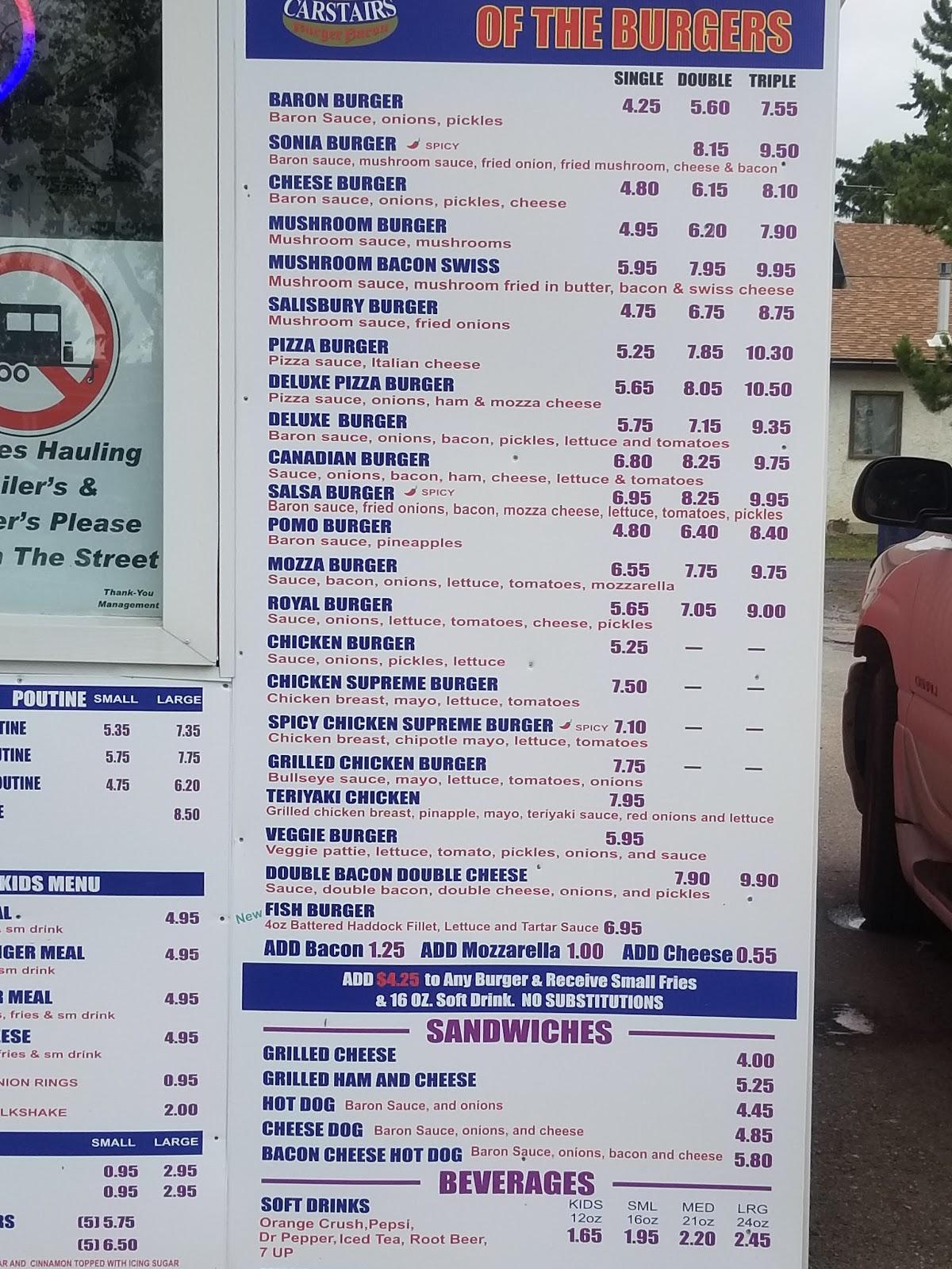 Menu au Burger Baron, Carstairs