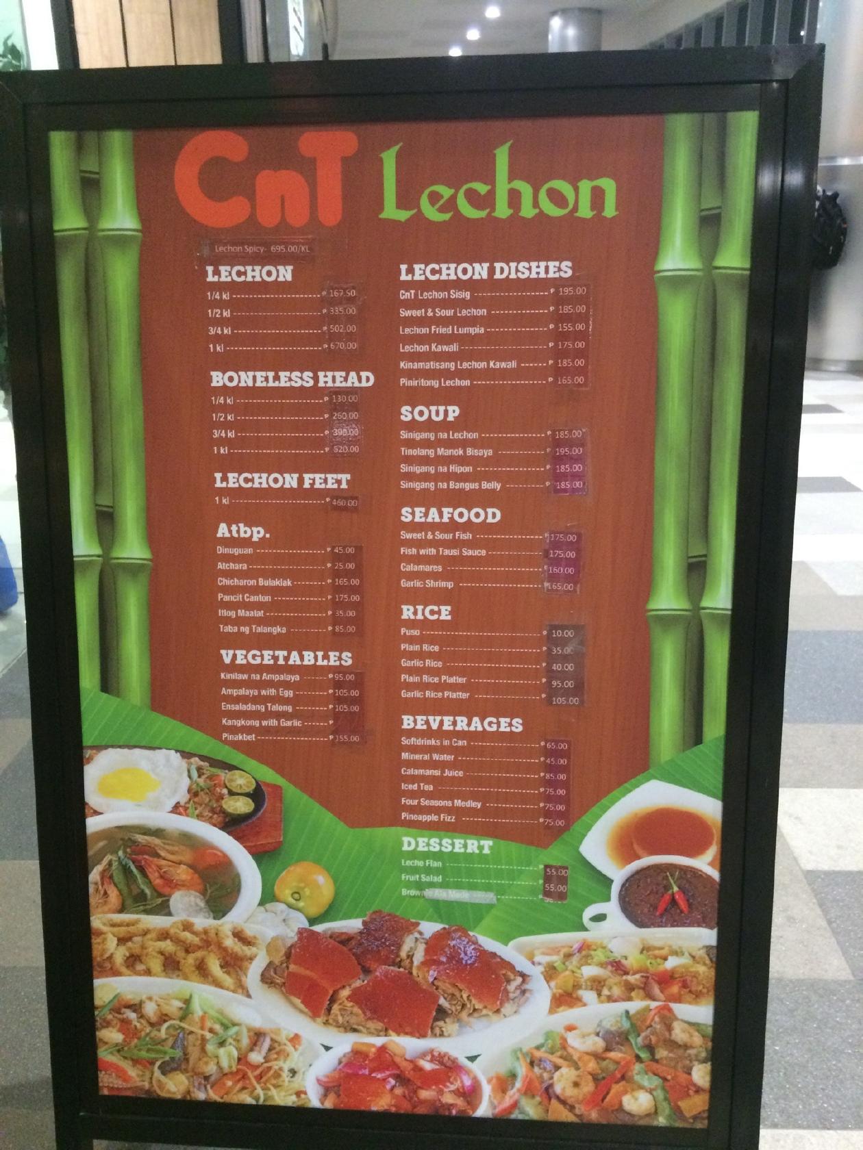 Menu at CnT Lechon restaurant, Cebu City, 7VMJ+468