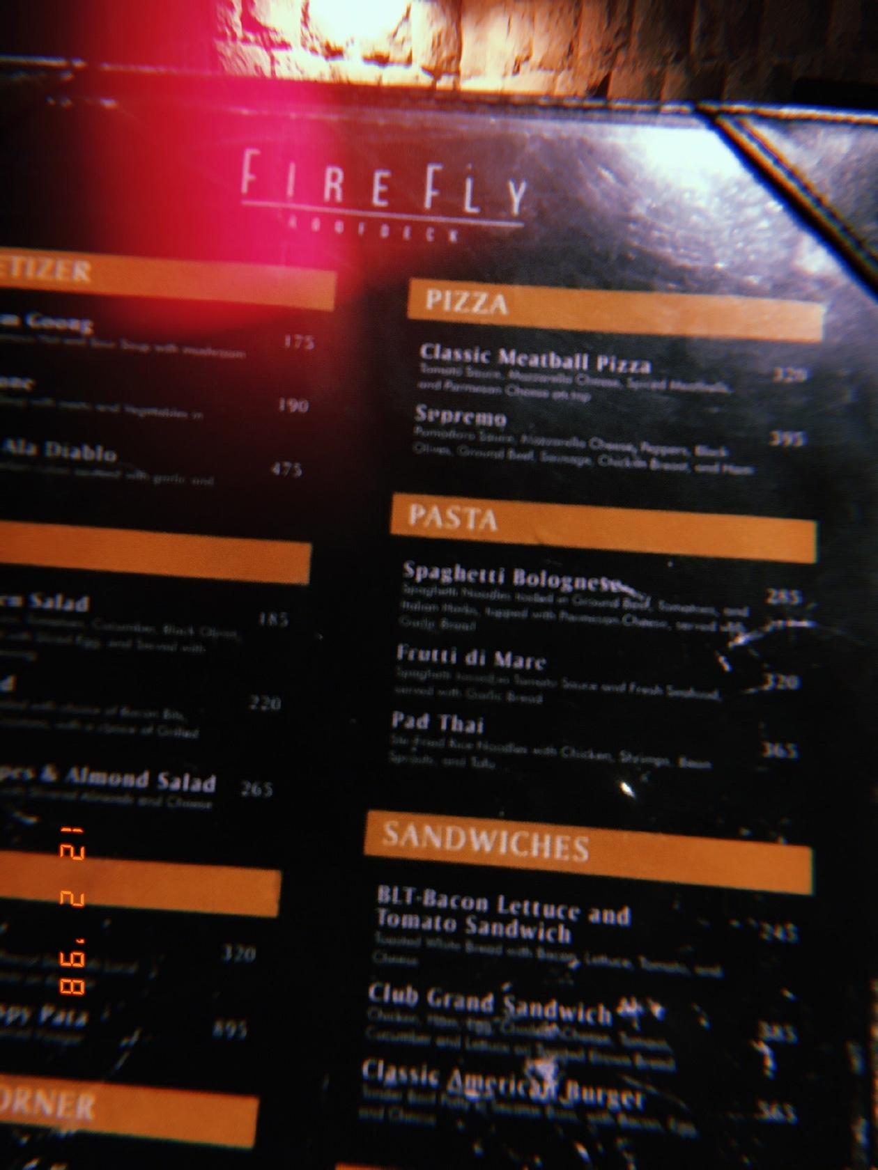 Menu at Firefly Roofdeck Restaurant, Makati, Makati