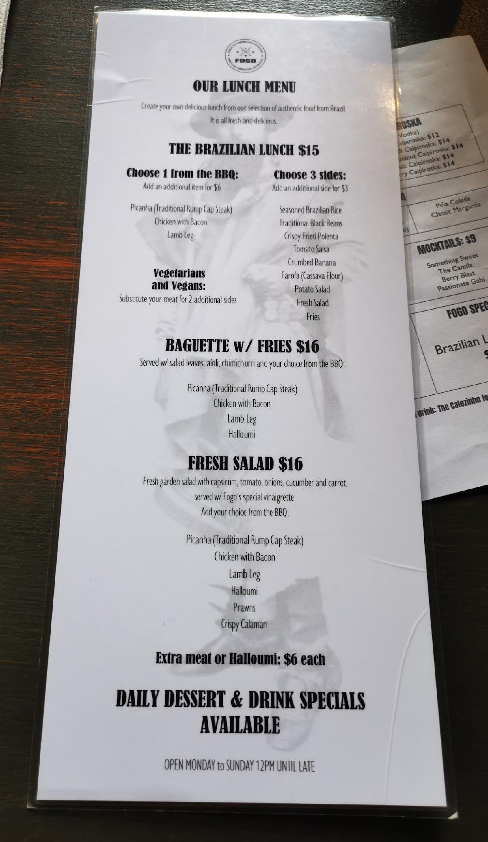 Menu at FOGO Brazilian BBQ Experience, Queenstown
