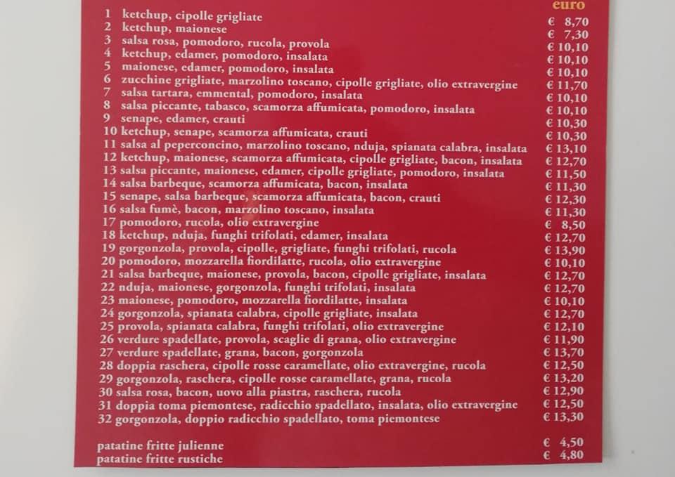 Menu at Hamburgeria restaurant, Turin, Corso Peschiera