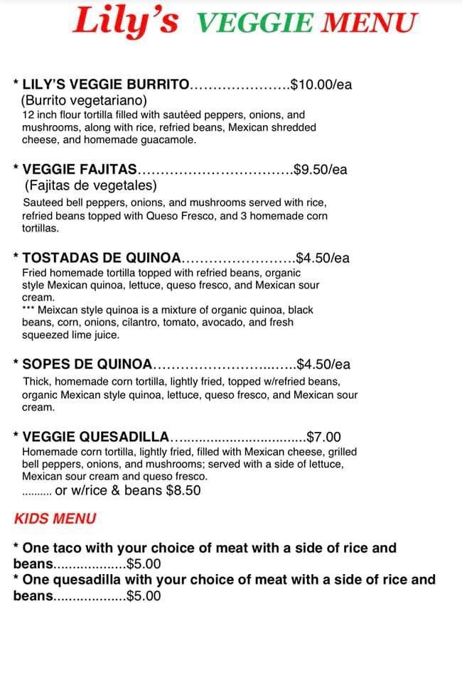 Menu at Lily's Little Mexico restaurant, Chincoteague Island, Maddox Blvd