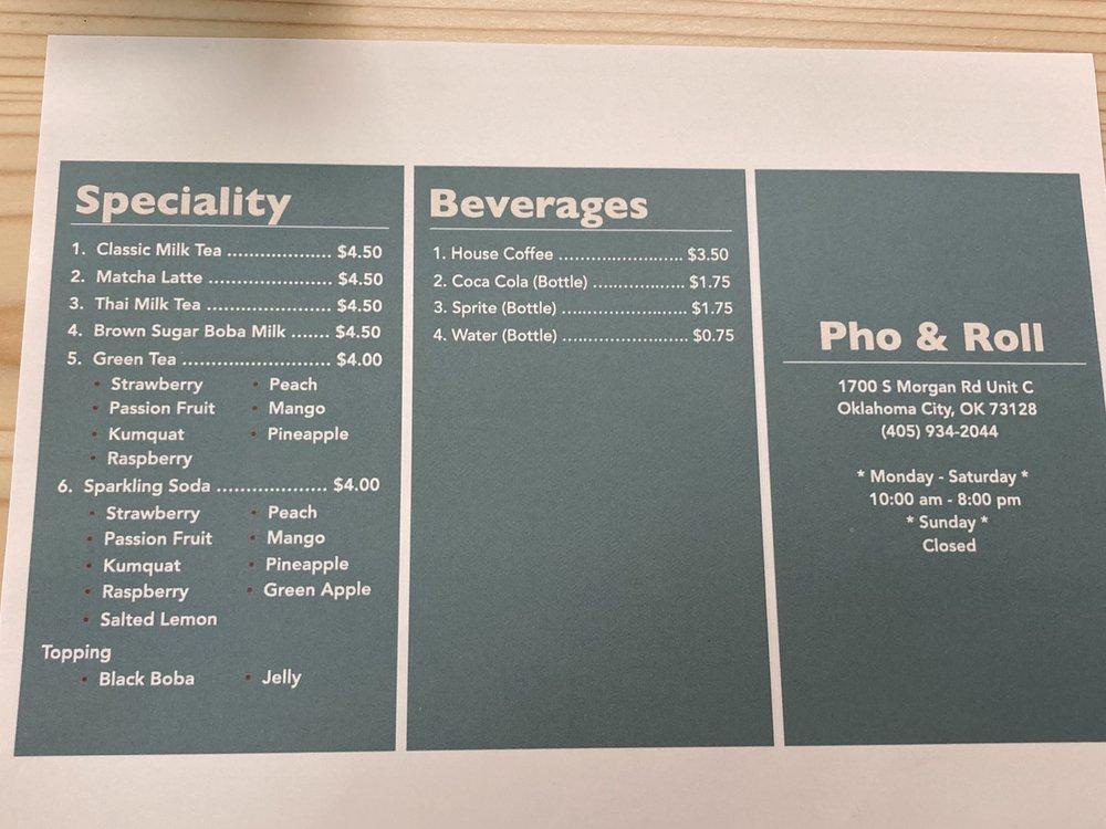 Menu at Pho & Roll Express restaurant, Oklahoma City