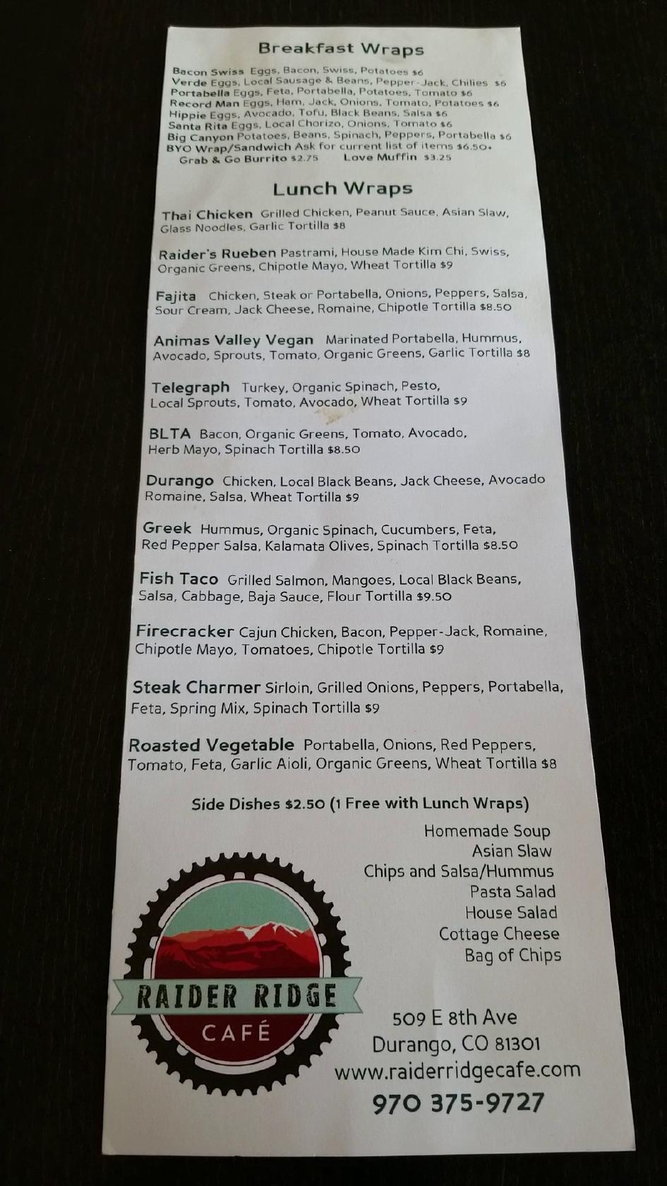 Menu at Raider Ridge Cafe, Durango, 509 E 8th Ave