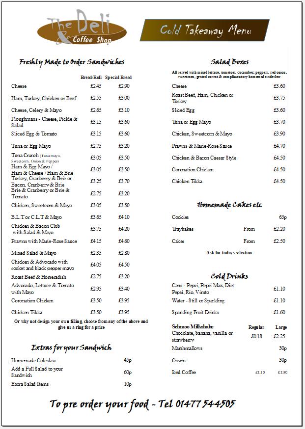 Menu at The Deli & Coffee Shop cafe, Holmes Chapel