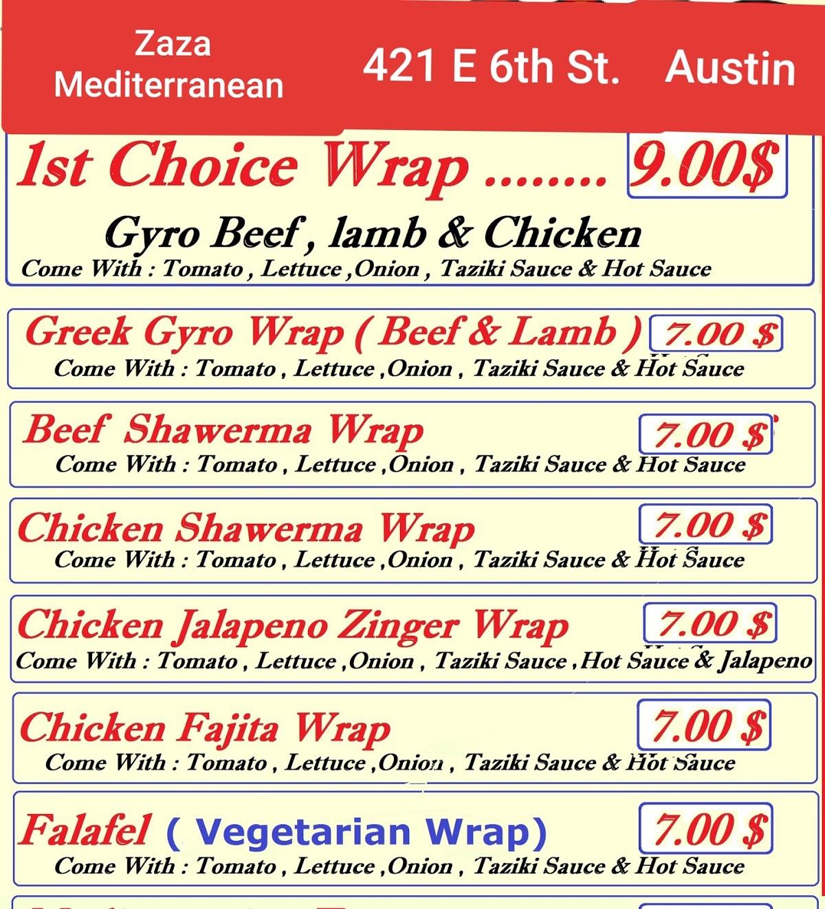 Menu at Zaza Mediterranean food restaurant, Austin