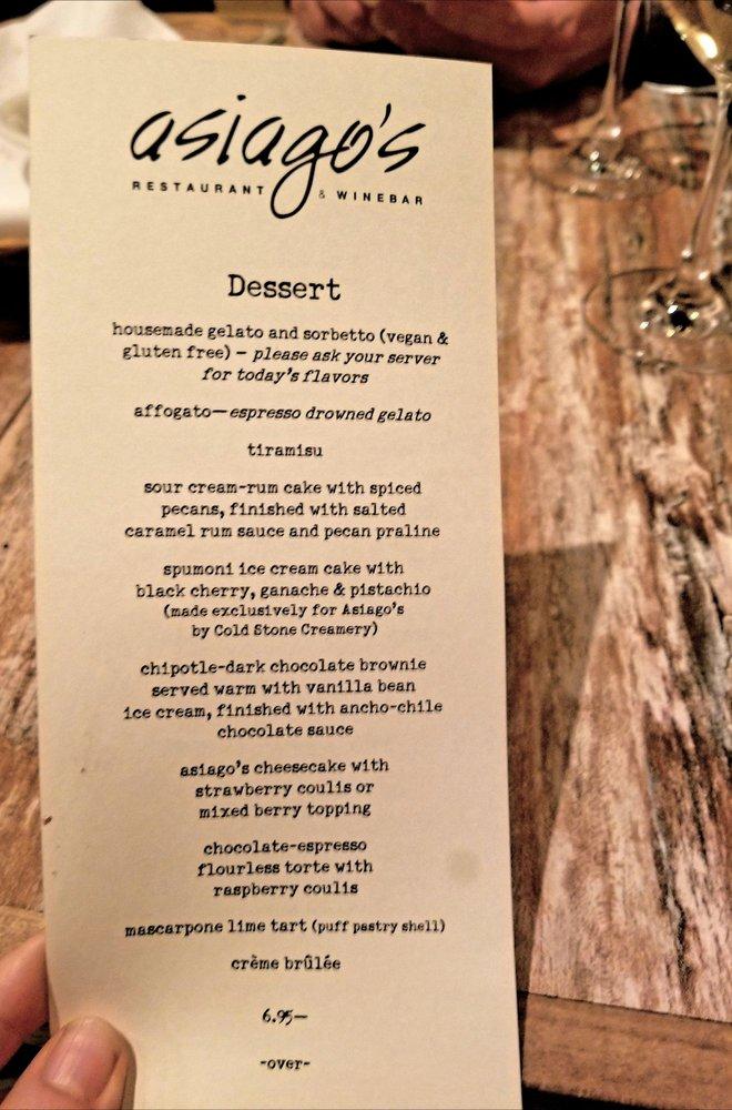 Menu at Asiago's restaurant, Boise, W Main St