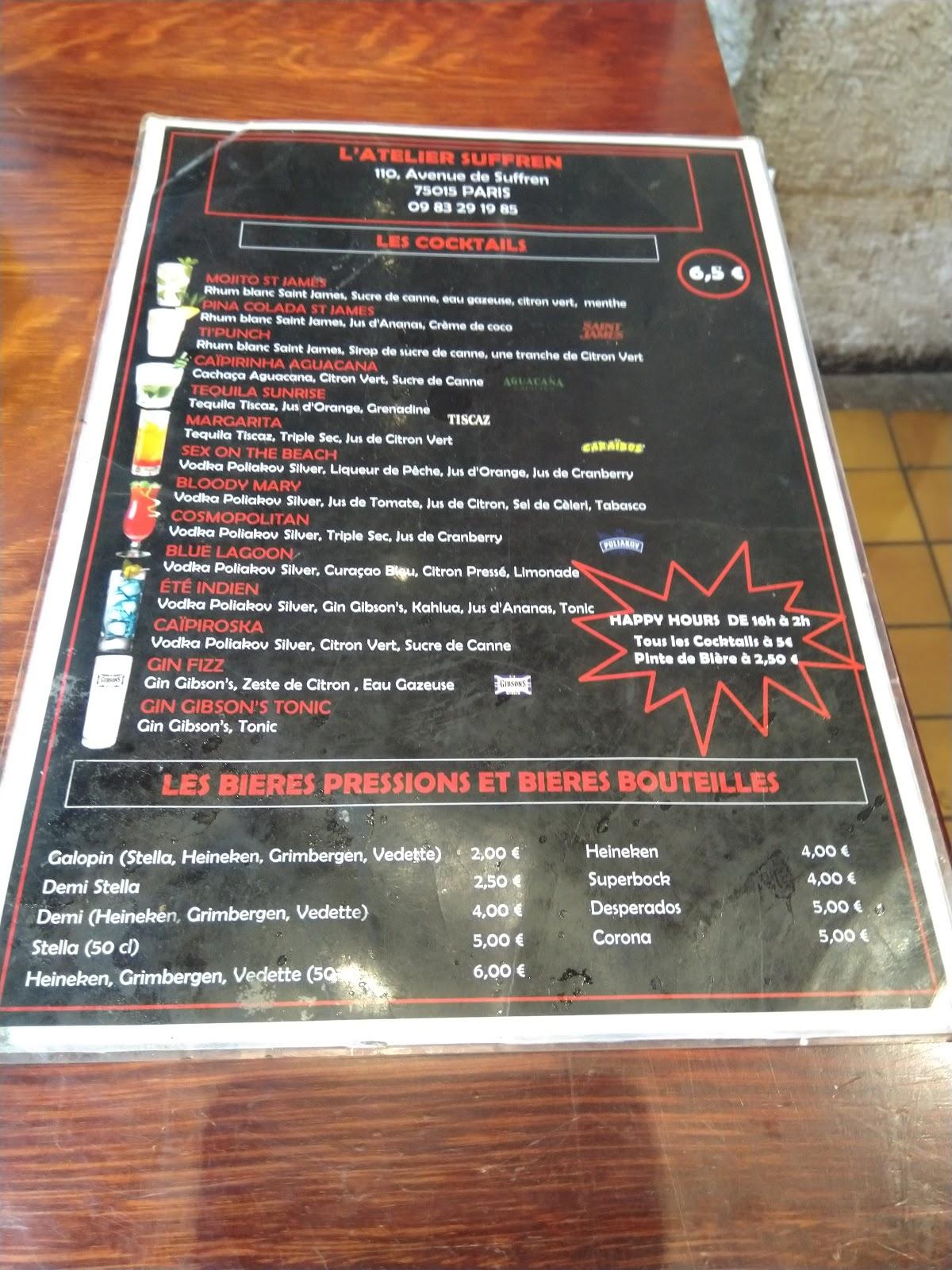 Menu at L'Atelier Suffren pub & bar, Paris