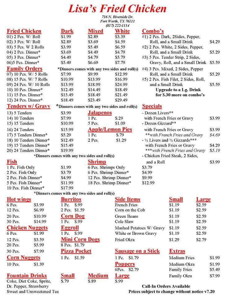 Menu at Lisa's Chicken restaurant, Fort Worth, 716 N Riverside Dr