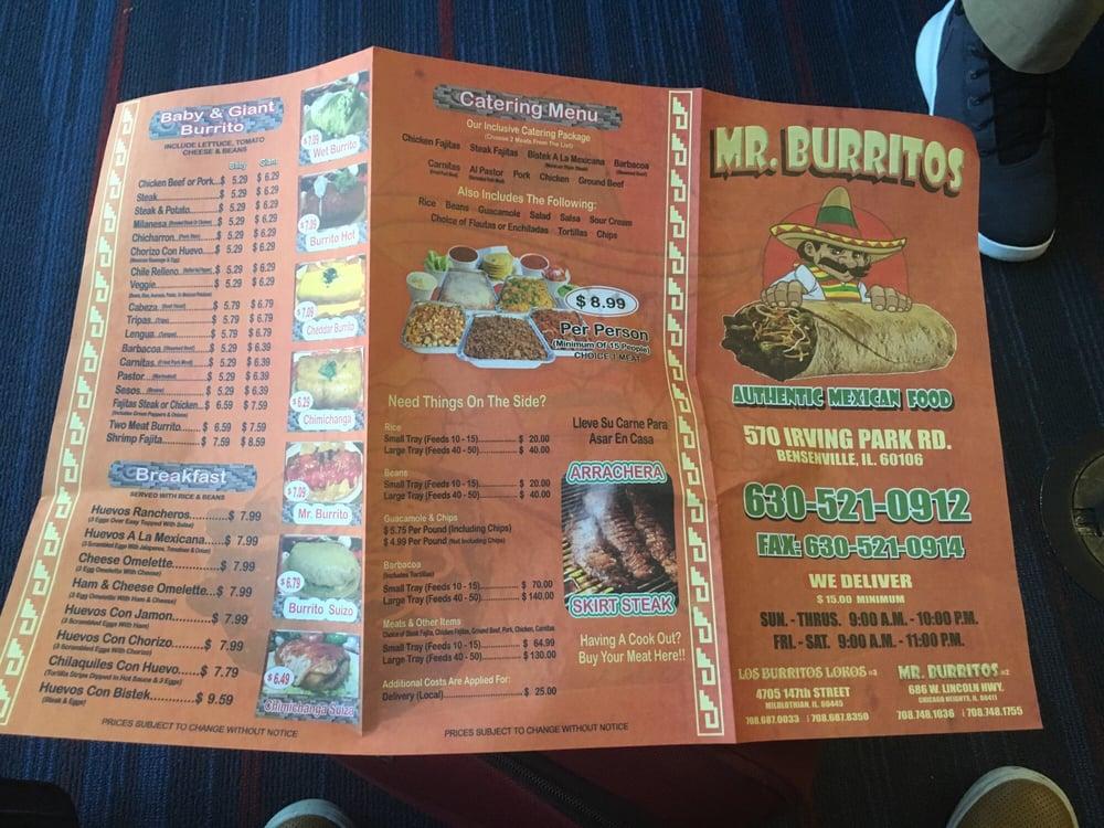 Menu at Mr. Burrito restaurant, Bensenville