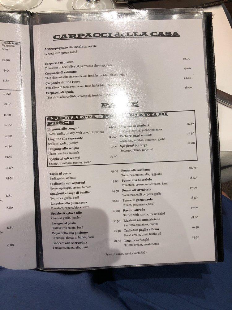 Menu at Pizzeria Positano, Paris