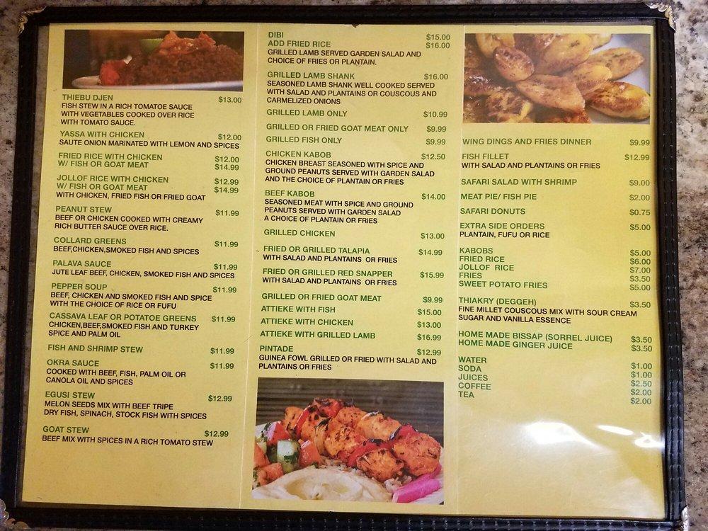 Menu at Safari African Restaurant, Boston, Blue Hill Avenue