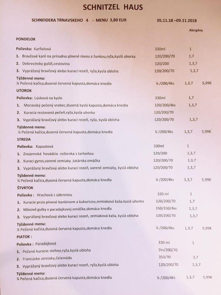 Menu at Schnitzel Haus restaurant, Bratislava