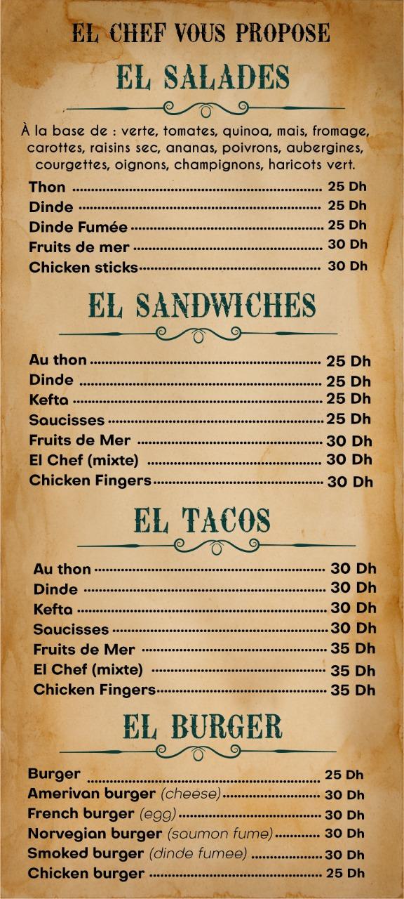 Menu au Snack El Chef Happy Pasta restaurant, Dcheira El Jihadia
