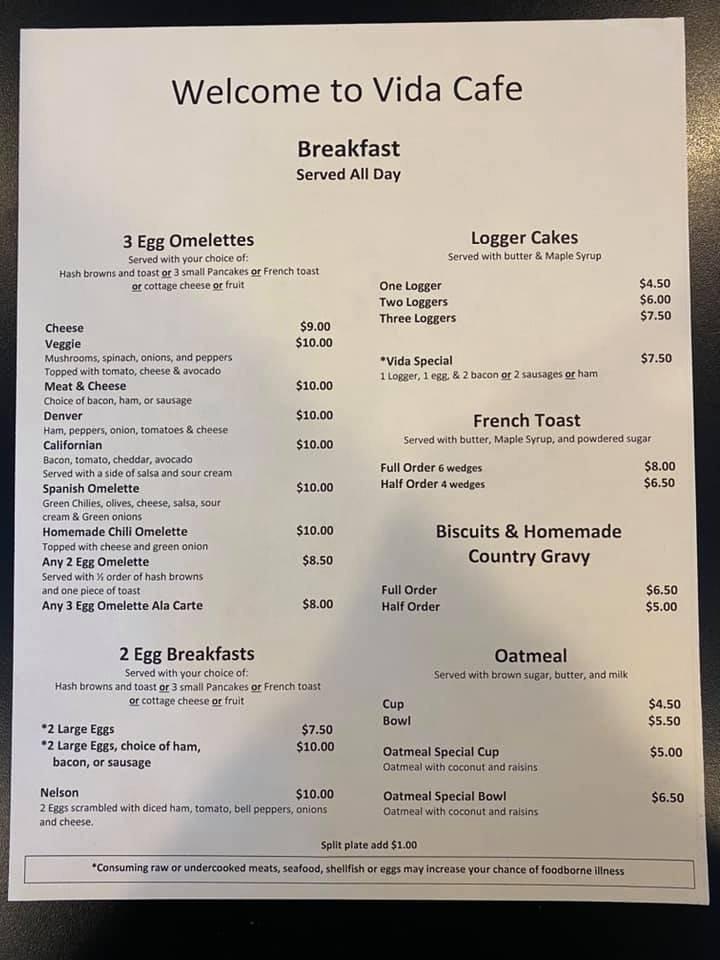 Menu at Vida Cafe, Vida