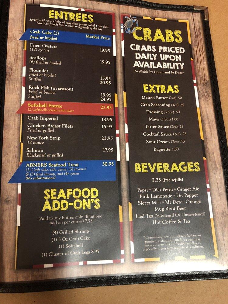 Menu at Abners Crab House pub & bar, Chesapeake Beach