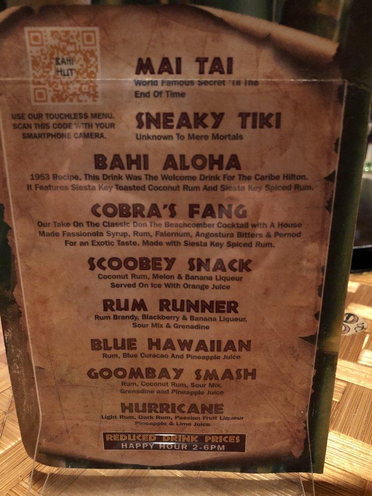 Menu at Bahi Hut Tiki Cocktail Lounge pub & bar, Sarasota