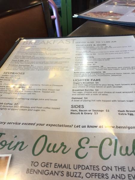 Menu at Bennigan's pub & bar, Borger