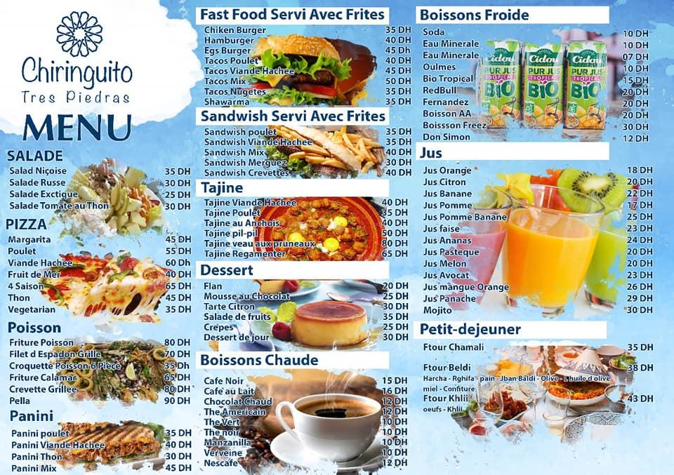 Menu au Chiringuito tres piedras restaurant, Martil