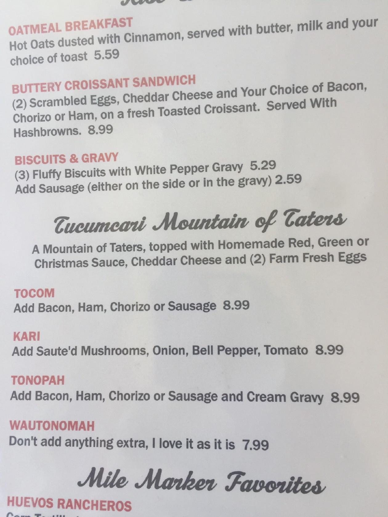 Menu at Kix On 66 restaurant, Tucumcari