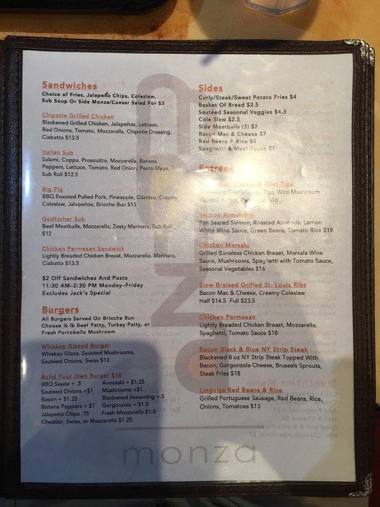 Menu at Monza pub & bar, Manassas, Battle St