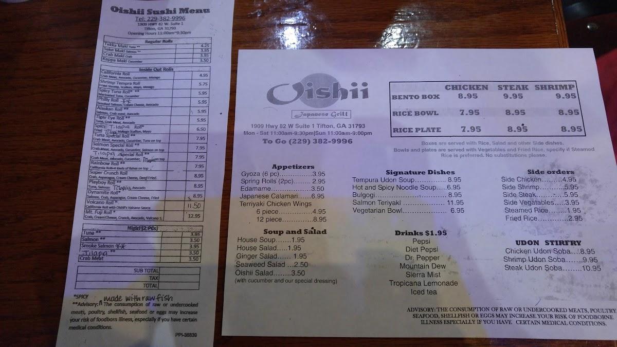 Menu at Oishii Japanese Grill & Sushi restaurant, Tifton, US-82 Ste 1