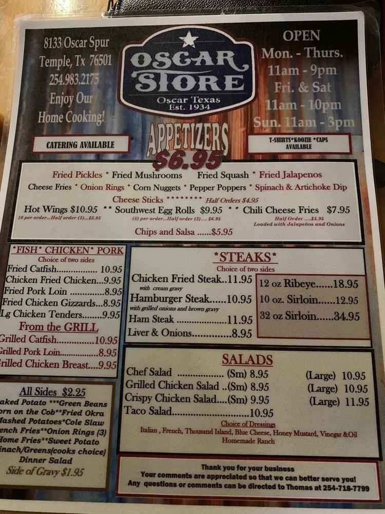 Menu at Oscar Store steakhouse, Temple, Oscar Spur