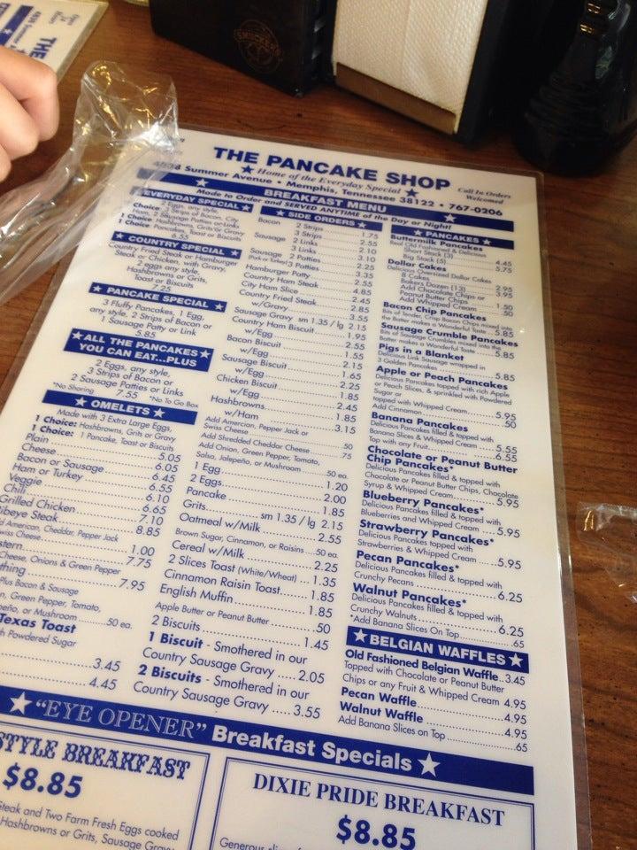 Menu at Pancake Shop restaurant, Memphis