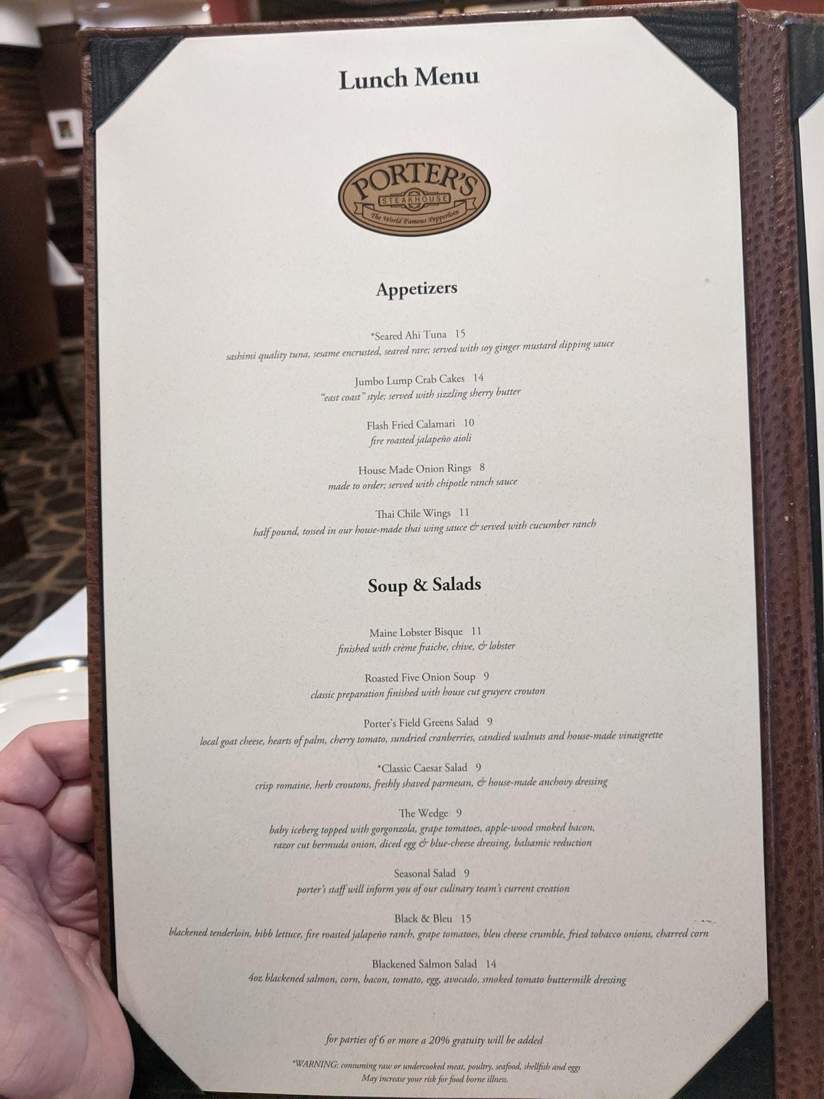 Menu at Porter's Steakhouse, Collinsville