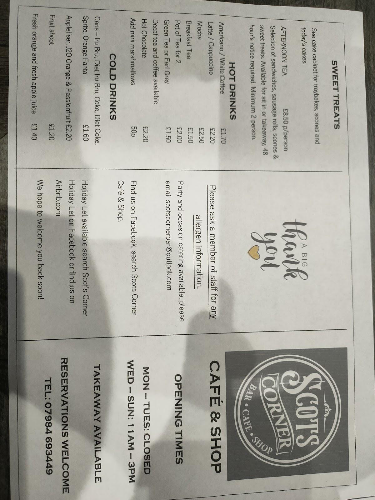 Menu at Scots Corner Bar, England